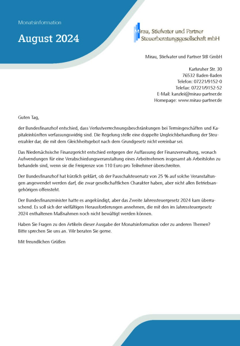 Monatsinformationen für August 2024